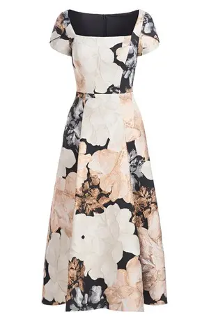 KAY UNGER Hollis Metallic Floral Cocktail Midi Dress