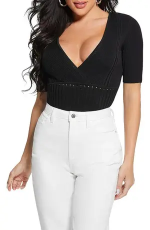 Guess Rib Short Sleeve Surplice Sweater