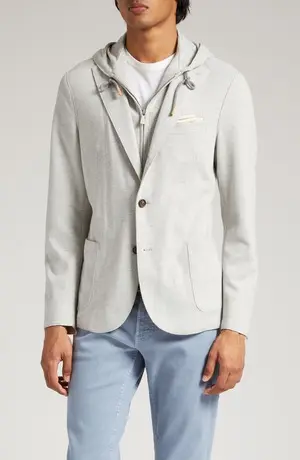 Eleventy Herringbone Blazer With Removable Hooded Bib Light Grey
