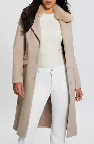 Guess Laurence Wool-blend Coat With Detachable Faux Fur Collar