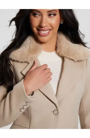 Guess Laurence Wool-blend Coat With Detachable Faux Fur Collar