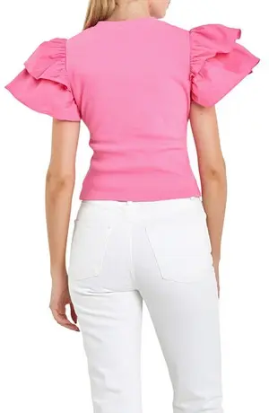 English Factory Mix Media Ruffle Sleeve Top