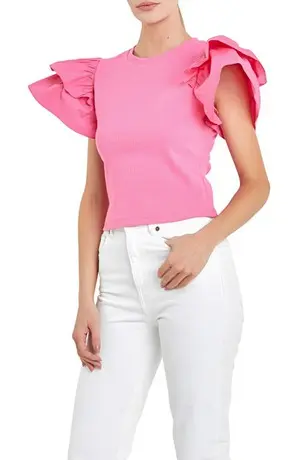 English Factory Mix Media Ruffle Sleeve Top