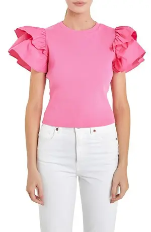English Factory Mix Media Ruffle Sleeve Top