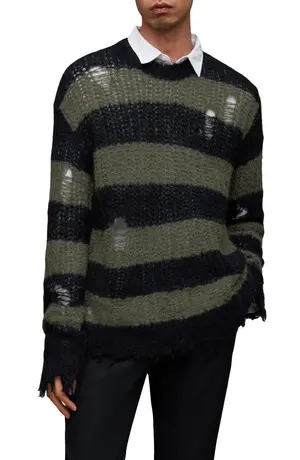 ALLSAINTS Sid Distressed Stripe Alpaca Blend Crewneck Sweater