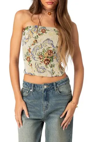 EDIKTED Floral Tapestry Strapless Corset Top