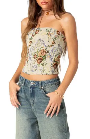 EDIKTED Floral Tapestry Strapless Corset Top