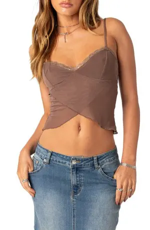 EDIKTED Crossover Crop Mesh Tank - Brown