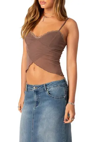 EDIKTED Crossover Crop Mesh Tank - Brown