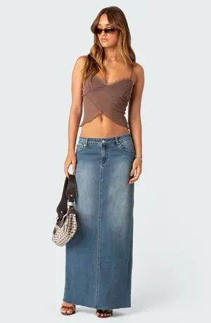 EDIKTED Crossover Crop Mesh Tank - Brown