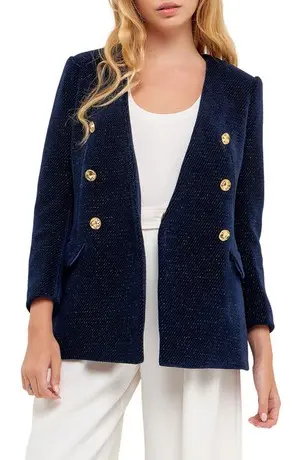 English Factory Texture Metallic Double Breasted Jacket - Navy