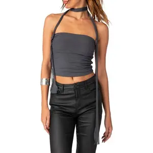EDIKTED Gathered Strapless Crop Top With Scarf - Dark-gray