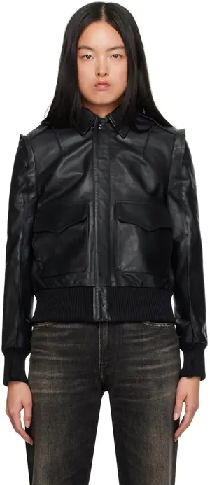 R13 R13 Black Flat Sleeve Leather Bomber Jacket - Shiny Black