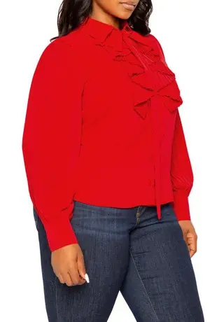 BUXOM COUTURE Tie Neck Pleated Sleeve Blouse - Red