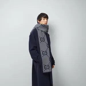 Gucci Gg Jacquard Wool Silk Scarf - Blue