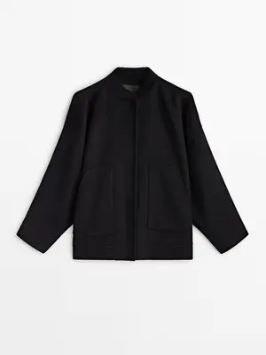Massimo Dutti Voluminous Wool Blend Bomber Jacket - Black