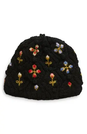 FRENCH KNOT Tilly Floral Embroidered Wool Knit Hat - Black