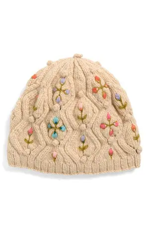 FRENCH KNOT Tilly Floral Embroidered Wool Knit Hat - Natural