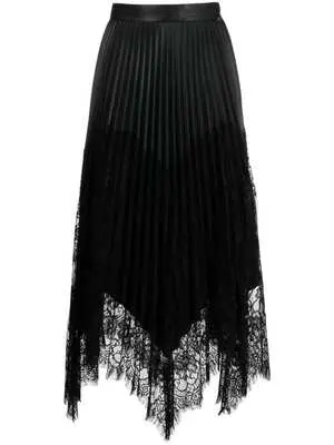NISSA Lace-trim Pleated Midi Skirt - Black