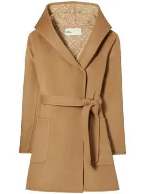 Tory Burch Monogram-jacquard Belted-waist Coat - Brown