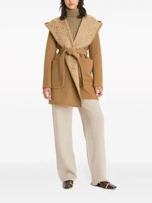 Tory Burch Monogram-jacquard Belted-waist Coat - Brown