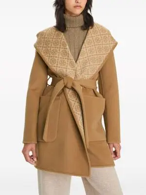 Tory Burch Monogram-jacquard Belted-waist Coat - Brown