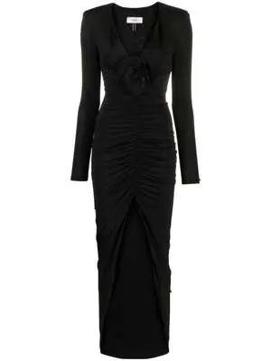 NISSA Floral-appliqué Ruched Maxi Dress - Black