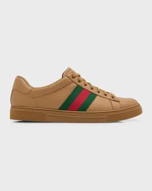 Gucci Gucci Ace Leather Low-Top Sneakers With Web - Quartz Beige