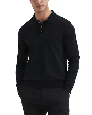 REISS Trafford Merino Wool Slim Fit Long Sleeve Polo Shirt - Black