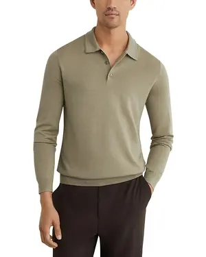 REISS Trafford Merino Wool Slim Fit Long Sleeve Polo Shirt - Soft Olive
