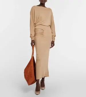 Khaite Oron Ruched Midi Dress - Beige