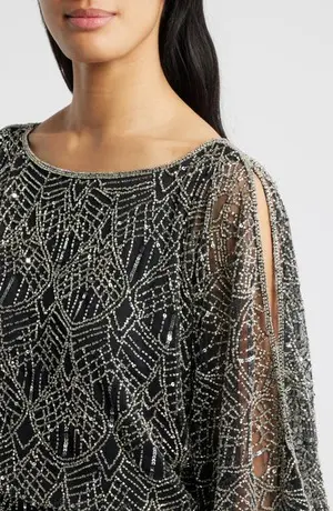 Pisarro Nights Beaded Cold Shoulder Blouson Cocktail Dress
