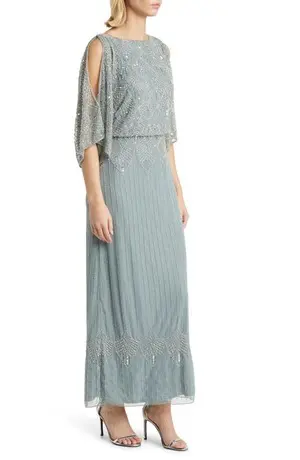 Pisarro Nights Beaded Cold Shoulder Blouson Cocktail Dress - Teal