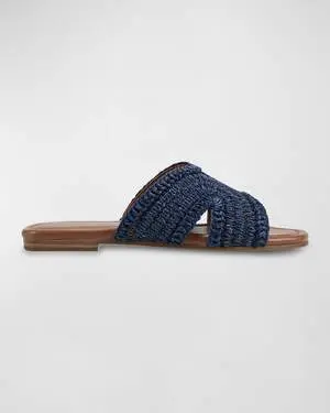 Marc Fisher Marc Fisher LTD Narda Woven Raffia Flat Slide Sandals Dark Blue
