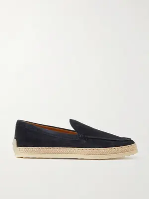TOD'S Raffia-trimmed Suede Loafers - Blue