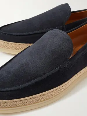 TOD'S Raffia-trimmed Suede Loafers - Blue