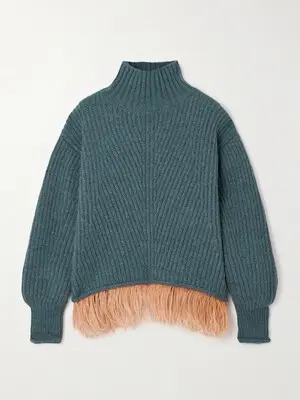 La DoubleJ High Kick Feather-trimmed Ribbed Alpaca-blend Turtleneck Sweater - Blue