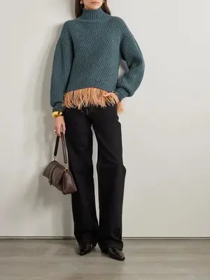 La DoubleJ High Kick Feather-trimmed Ribbed Alpaca-blend Turtleneck Sweater - Blue