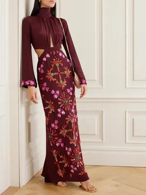 open lace back dress Mew Mews Damien Long Sleeve Lace Maxi Dress in Red