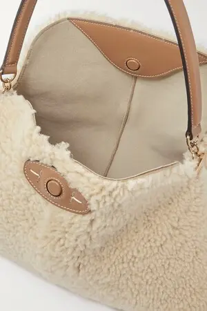 TOD'S Leather-trimmed Shearling Shoulder Bag - Cream