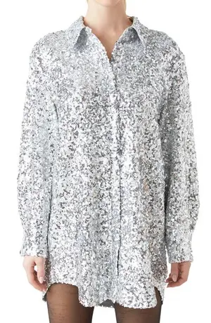 GREY LAB Sequin Mini Shirtdress - Silver