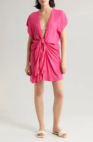 Elan Tie Front Cover-up Wrap Dress Hot Pink