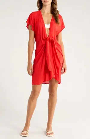 Elan Tie Front Cover-up Wrap Dress - Red