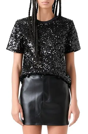 GREY LAB Shoulder Pad Sequin Top - Black