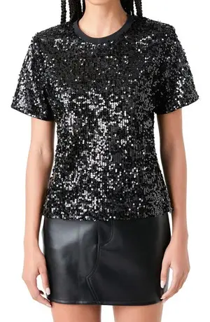 GREY LAB Shoulder Pad Sequin Top - Black