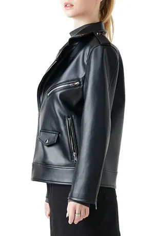 GREY LAB Padded Shoulder Faux Leather Biker Jacket - Black