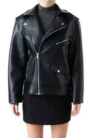 GREY LAB Padded Shoulder Faux Leather Biker Jacket - Black