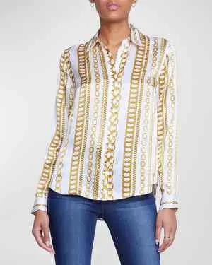 L'AGENCE Tyler Chain-print Silk Blouse White Multi Stripe Chain