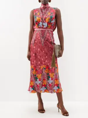 Saloni Saloni - Fleur Floral-print Silk-satin Midi Dress - Womens - Pink Multi - 10 UK - Pink