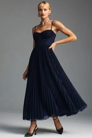 HUTCH Hutch Amara Corset Pleated Tulle Fit & Flare Midi Dress Navy